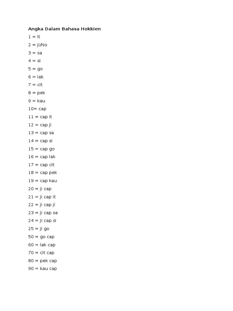 Angka Dalam Bahasa Hokkien | PDF