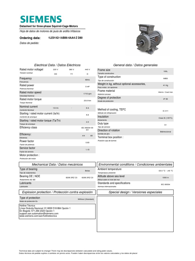 Uso 5 5 1800 Ficha Tecnica Motor 5 Hp Siemens | Cantidad | Naturaleza