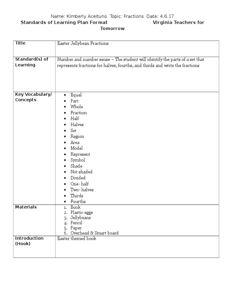 Standards of Learning Plan Format Virginia Teachers For Tomorrow | PDF ...