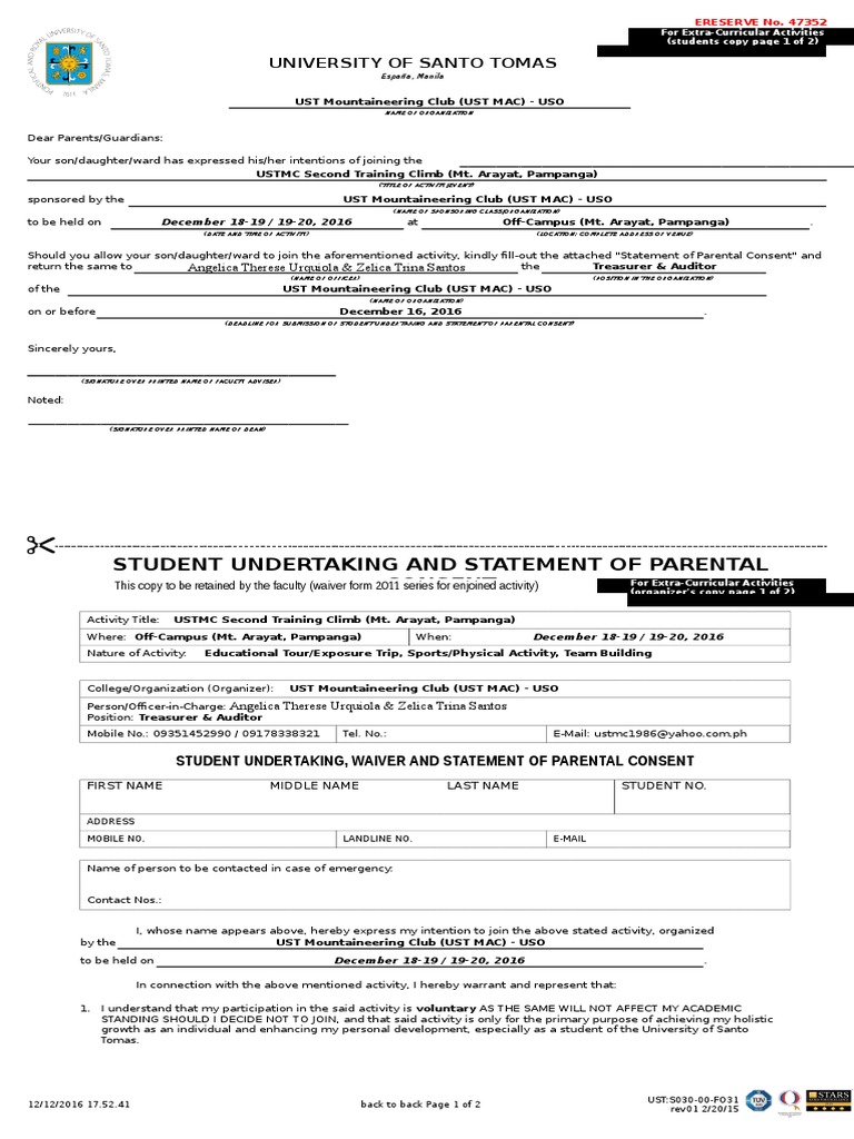Student Undertaking and Statement of Parental Consent: University of Santo Tomas | PDF