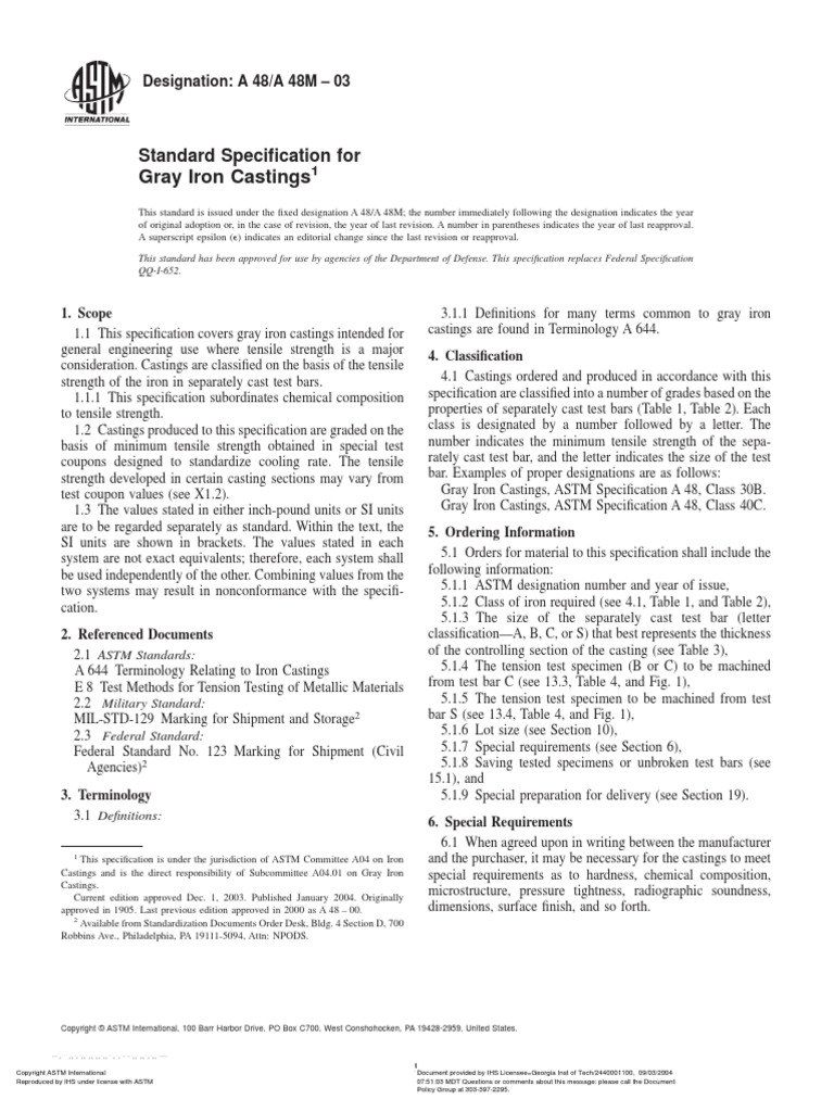 Astm A48 PDF | PDF | Casting (Metalworking) | Specification (Technical Standard)