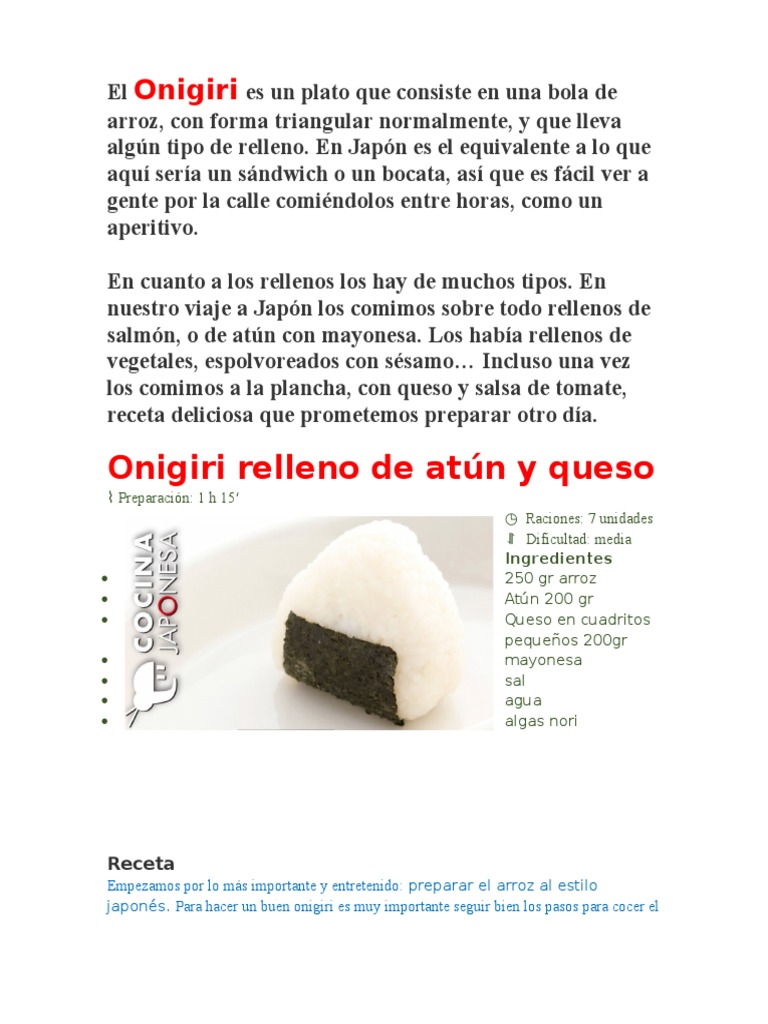 Receta Del Onigiri Comida Japonesa | PDF | Sushi | Arroz