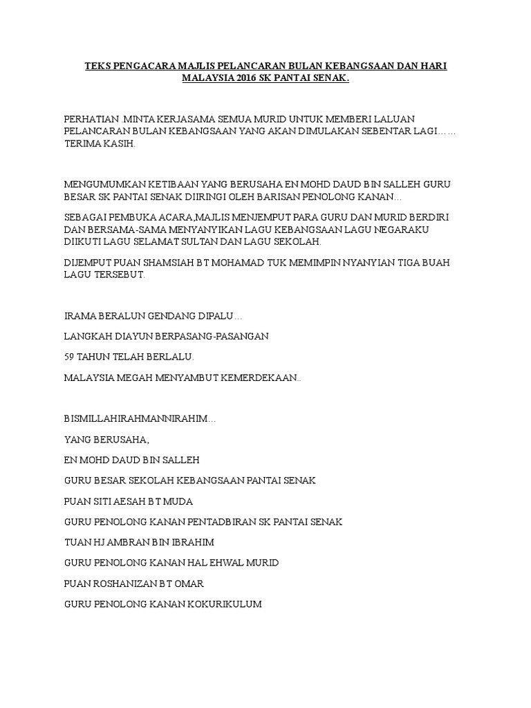 Pelancaran Bulan Kebangsaan SK Pantai Senak 2016 | PDF | Perjalanan ...