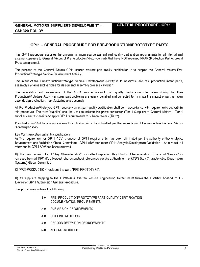 General Motors Supplier Development Policy - Procedures for Improving ...