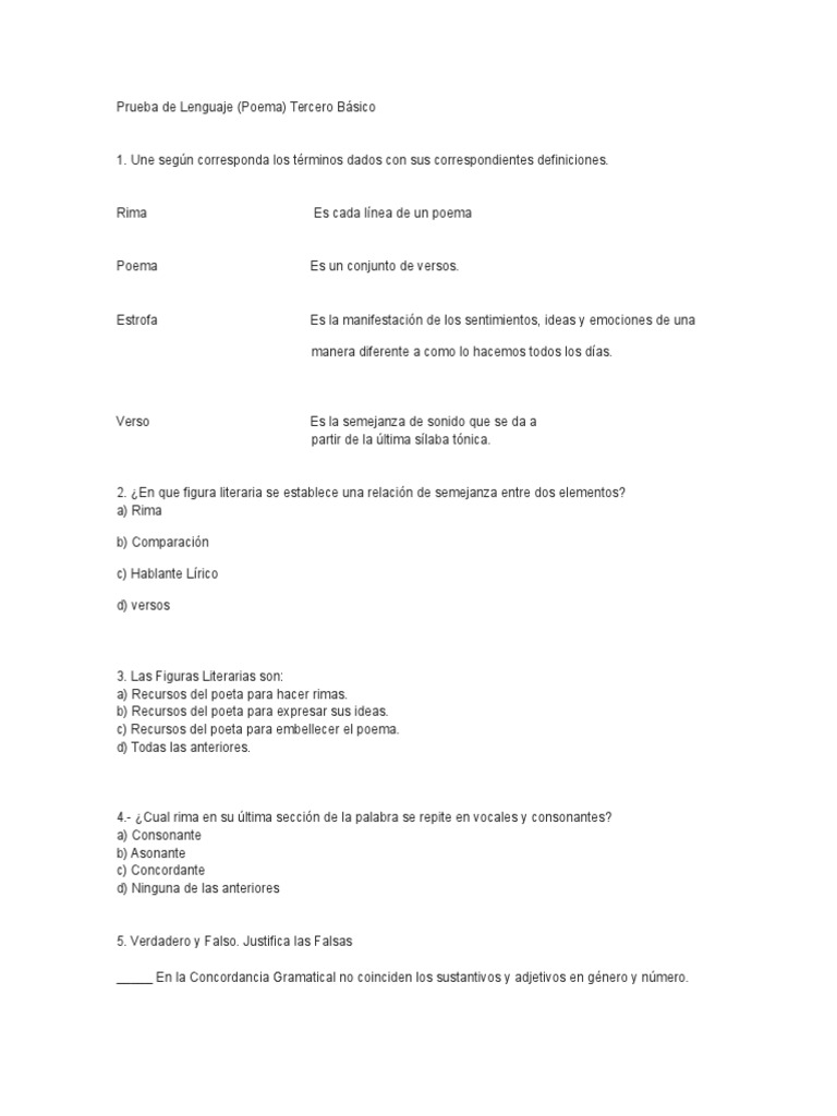 Prueba de Lenguaje Poesia | PDF | Rima | Género gramatical