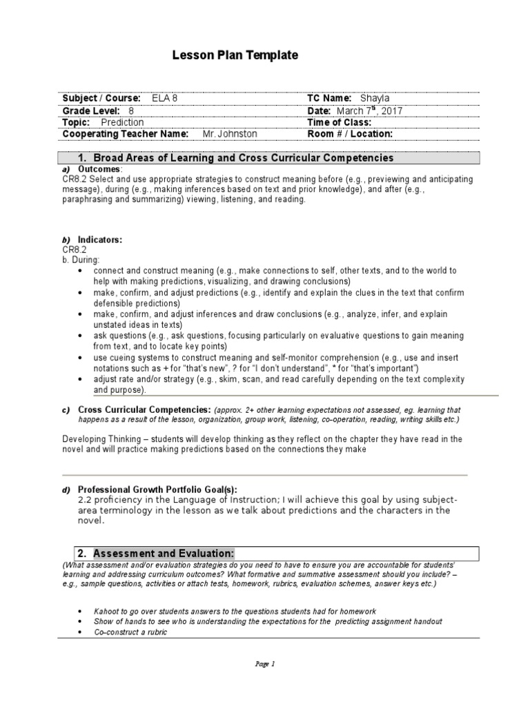 Lesson Plan Template: 1. Broad Areas of Learning and Cross Curricular ...