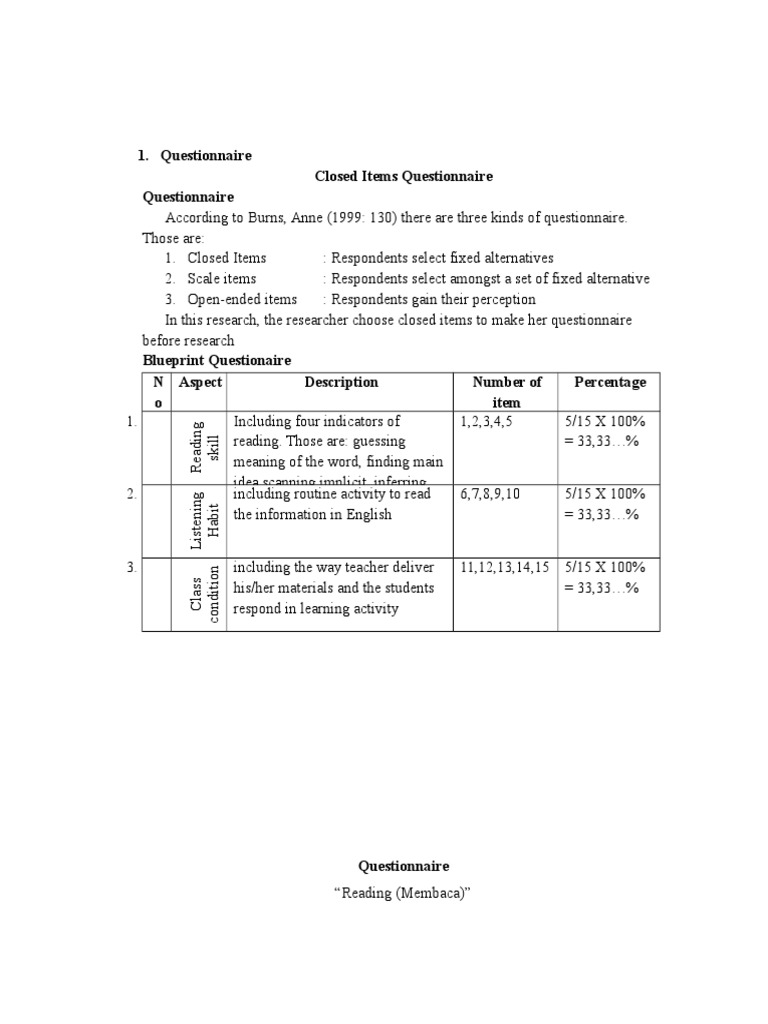 Questionnaire Reading Skill | PDF