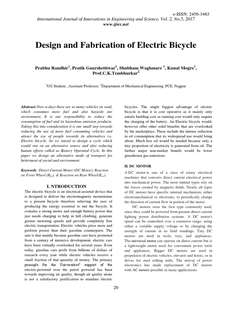 Design and Fabrication of Electric Bicycle | PDF | Electric Motor ...