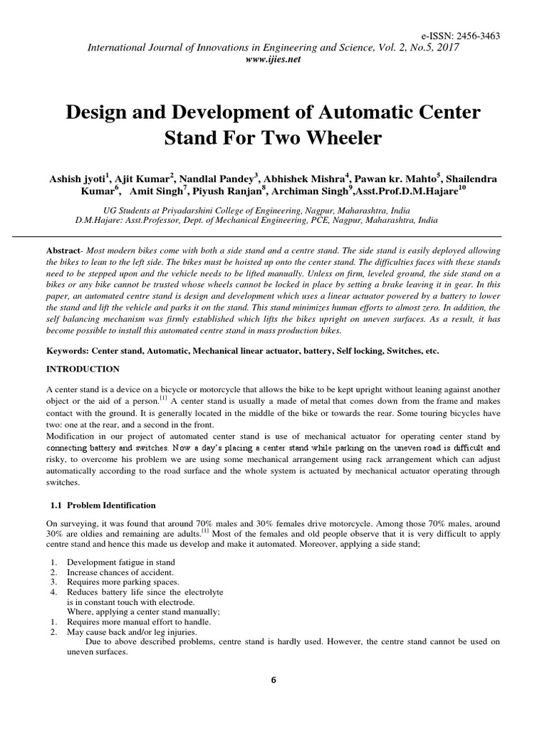 Design and Development of Automatic Center Stand For Two Wheeler | PDF ...