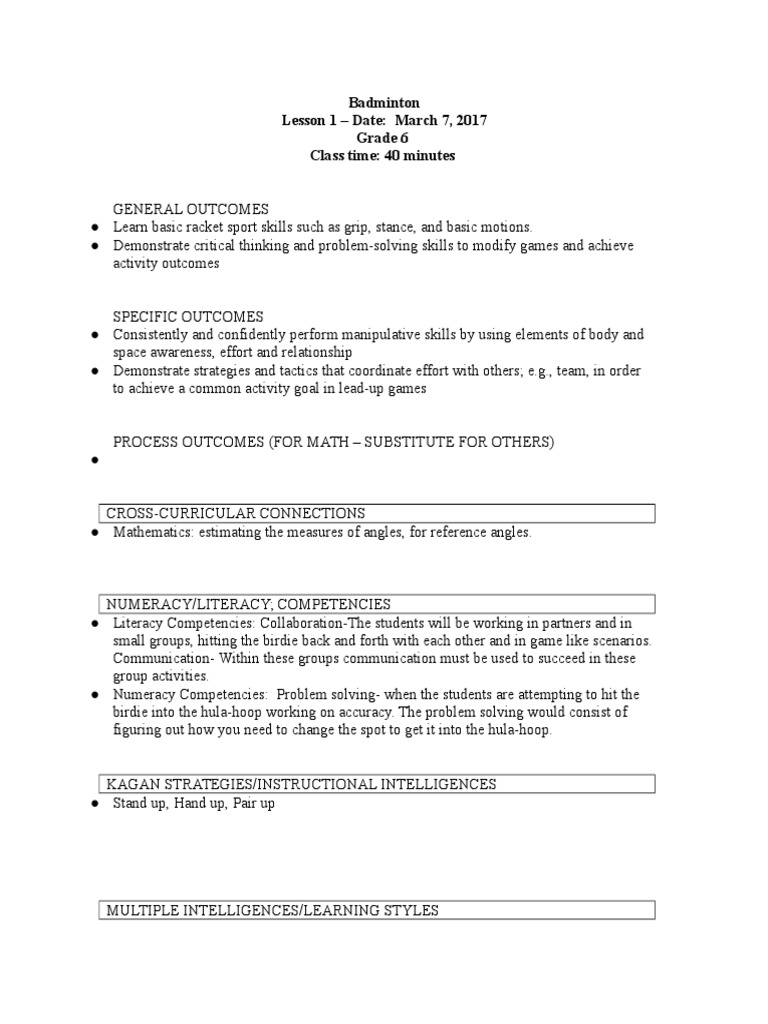 Badminton Lesson Plan | PDF | Physical Education | Teaching