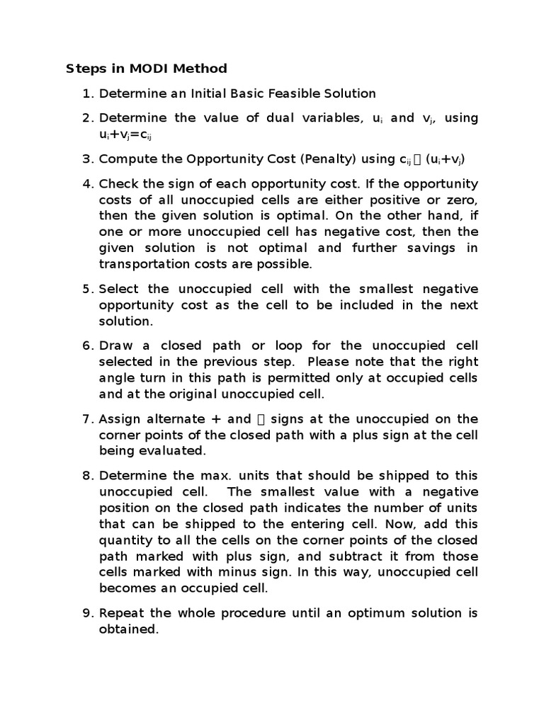 Steps in MODI Method | PDF