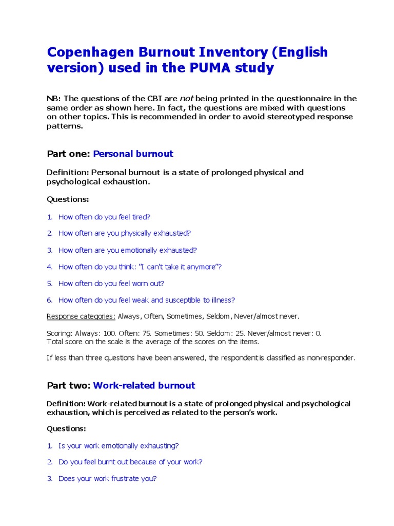 CBI Scales | Occupational Burnout | Questionnaire