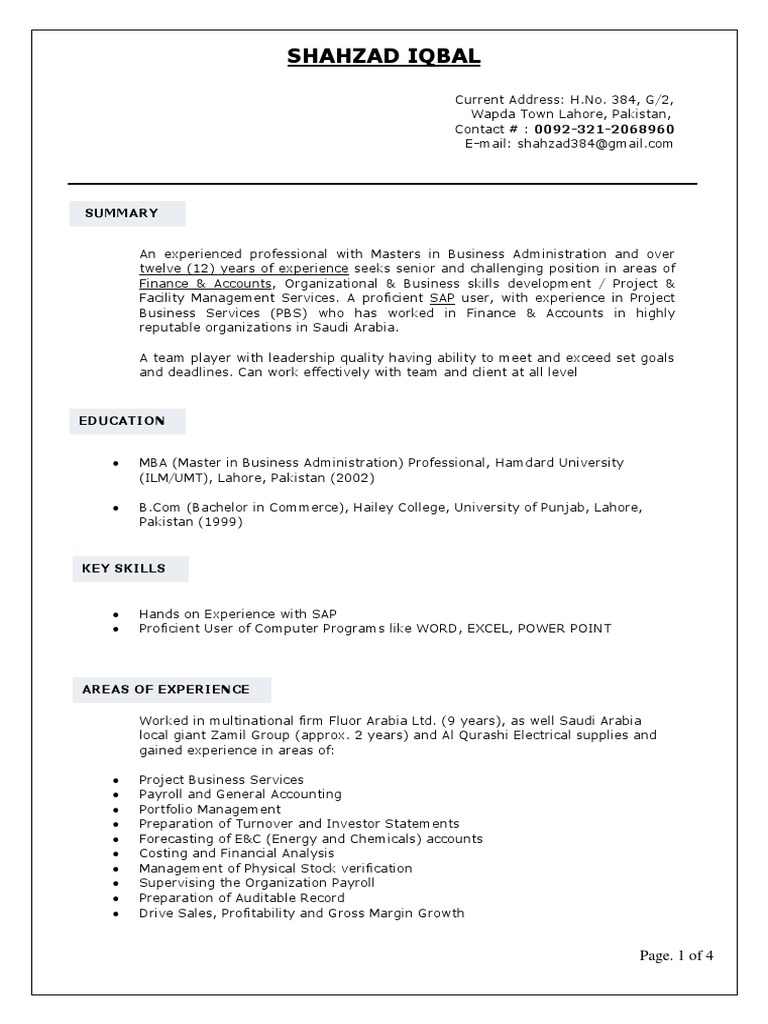 CV - Shahzad Iqbal | PDF | Invoice | Master Of Business Administration
