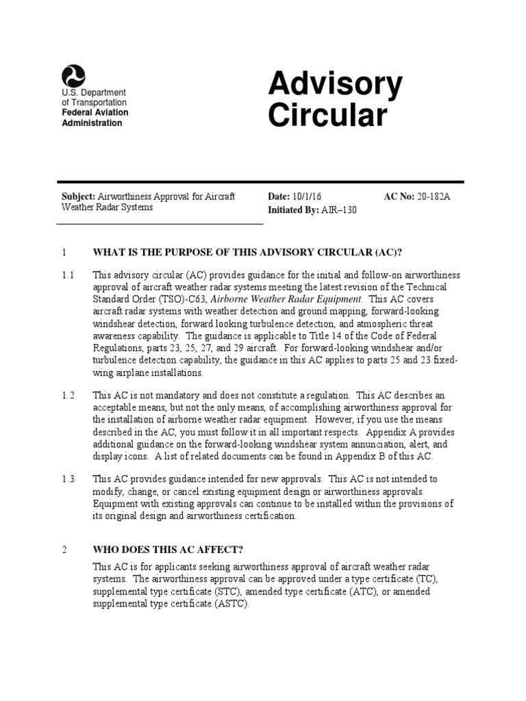 FAA Advisory Circular 20-182A | PDF | Radar | Flight Test
