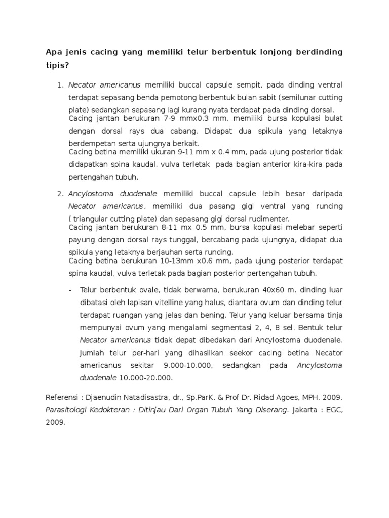 Apa Jenis Cacing Yang Memiliki Telur Berbentuk Lonjong Berdinding Tipis ...