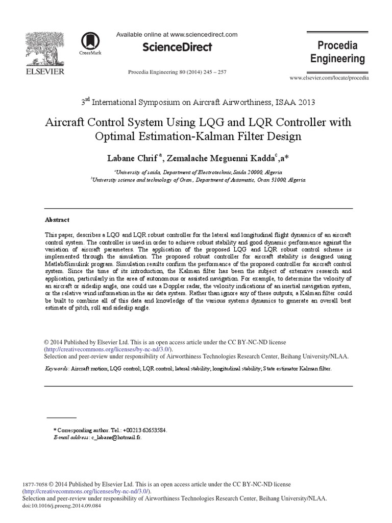 Aircraft Control System Using LQG and LQR Controller PDF | PDF | Kalman ...
