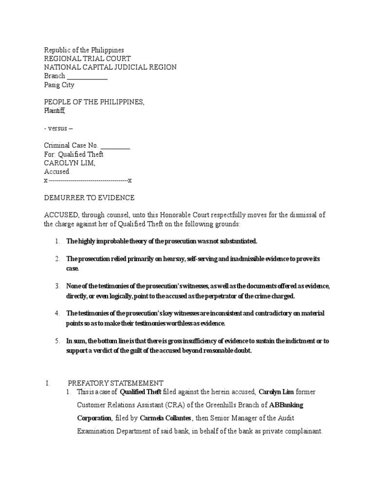 Demurrer of Evidence (Template) | PDF | Reasonable Doubt | Evidence