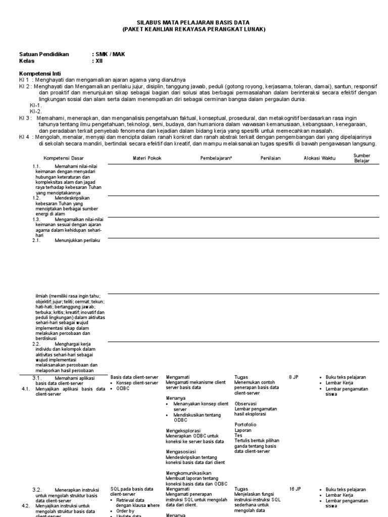 Silabus Basis Data - XII SMK | PDF | Komputer
