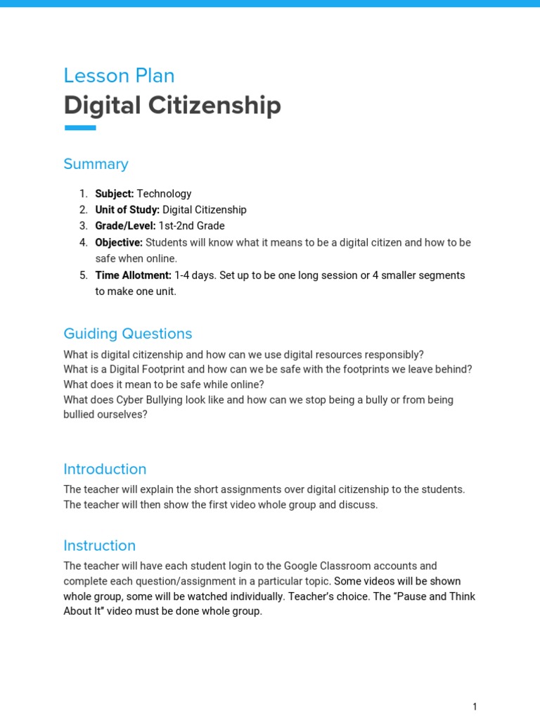 Digital Citizenship Lesson Plan for Grades 1-2 | PDF | Pedagogy ...