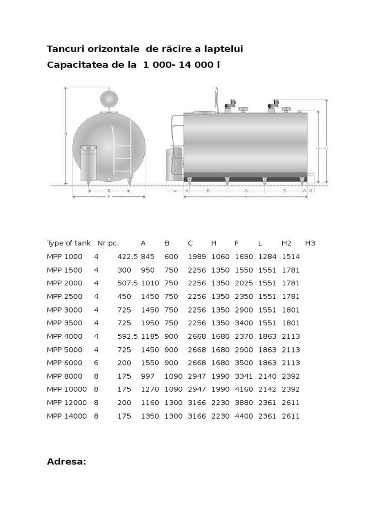 Specifications and dimensions for horizontal milk cooling tanks with ...