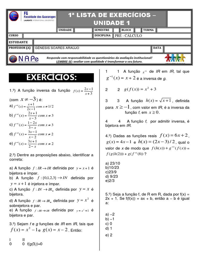 Ficha de Exercícios - Pré - Cálculo - Funções - Prof. Gênesis S. Araújo ...