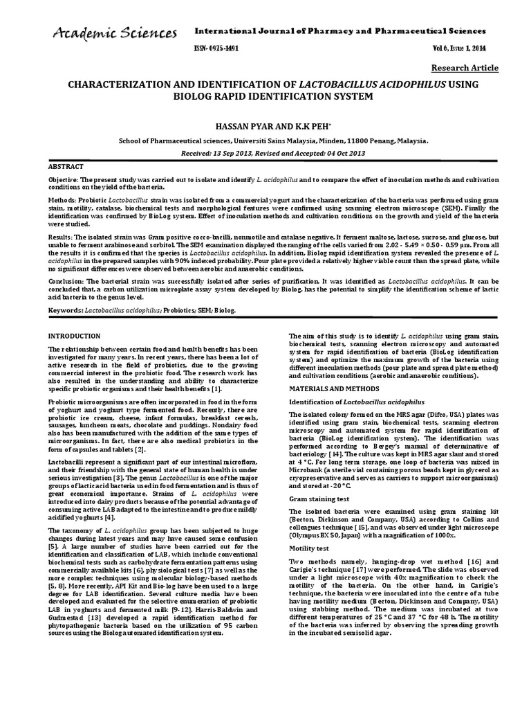 Characterization and Identification of Lactobacillus Acidophilus Using Biolog Rapid ...