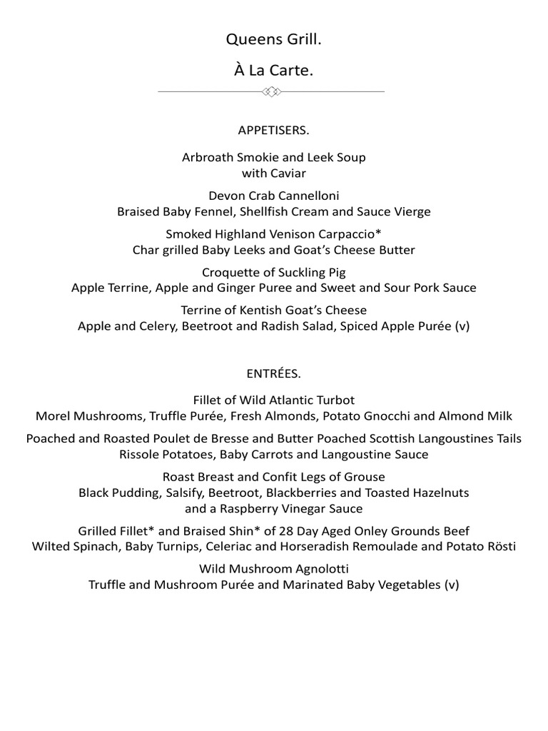 Cunard Queens Grill Dinner Menu | PDF | Salad | Desserts