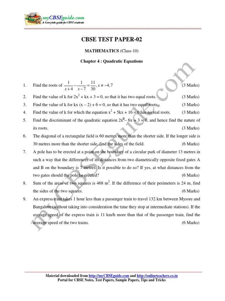 10 Mathematics Quadratic Equations Test 02 PDF | PDF