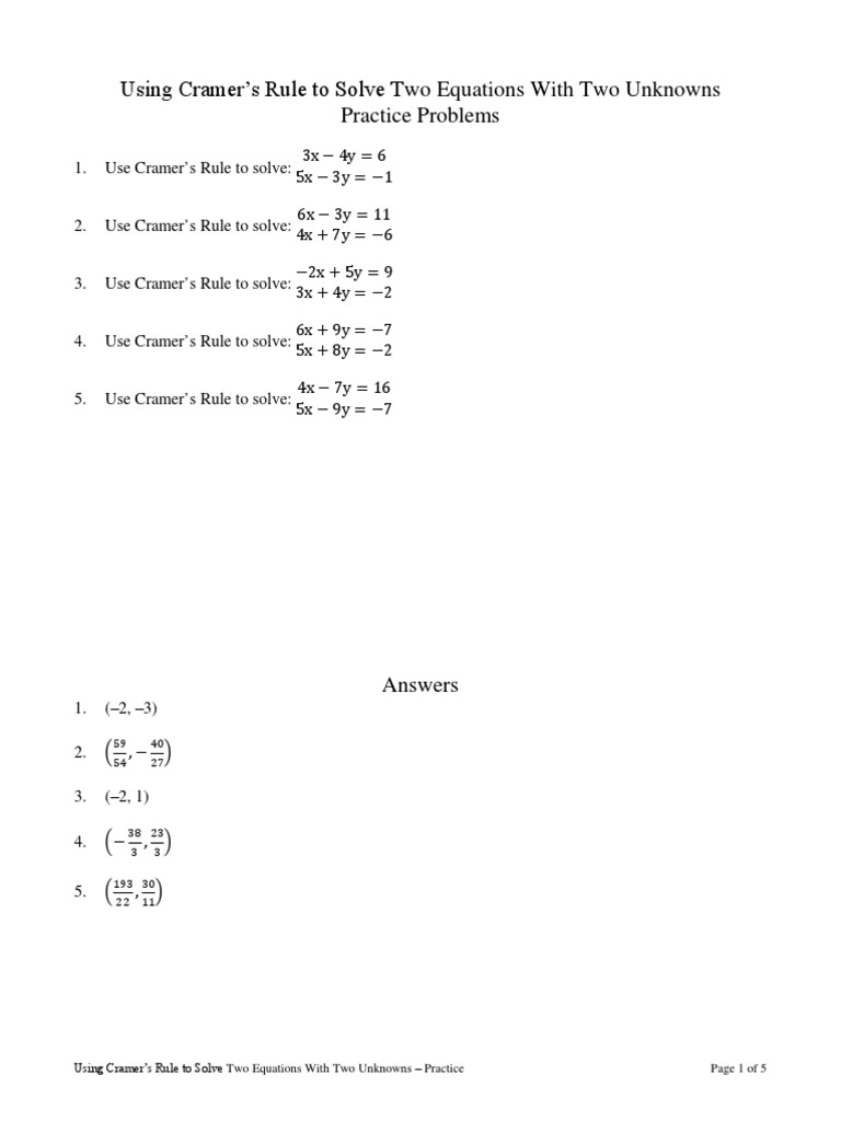 Cramer's Rule 2x2 Practice Problems | PDF | Determinant | Teaching ...
