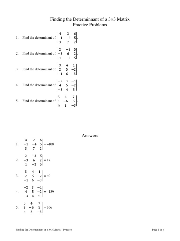 Determinnant 3 by 3 Matrix Practice | PDF | Determinant | Linear Algebra