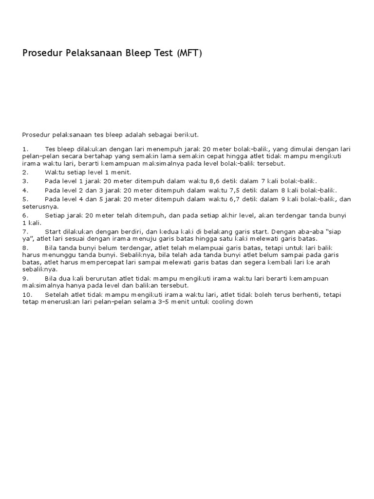 Prosedur Pelaksanaan Bleep Test (Indonesia) | PDF