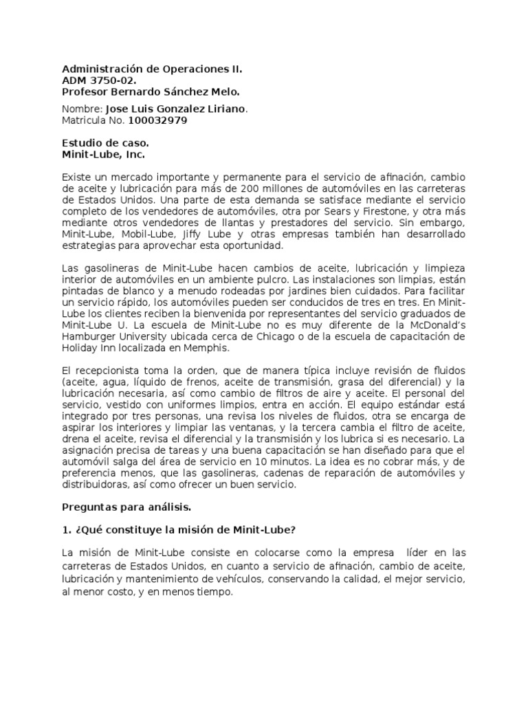 Estudio de Caso Minit-Lube, Inc. | PDF | Calidad (comercial) | Recursos ...