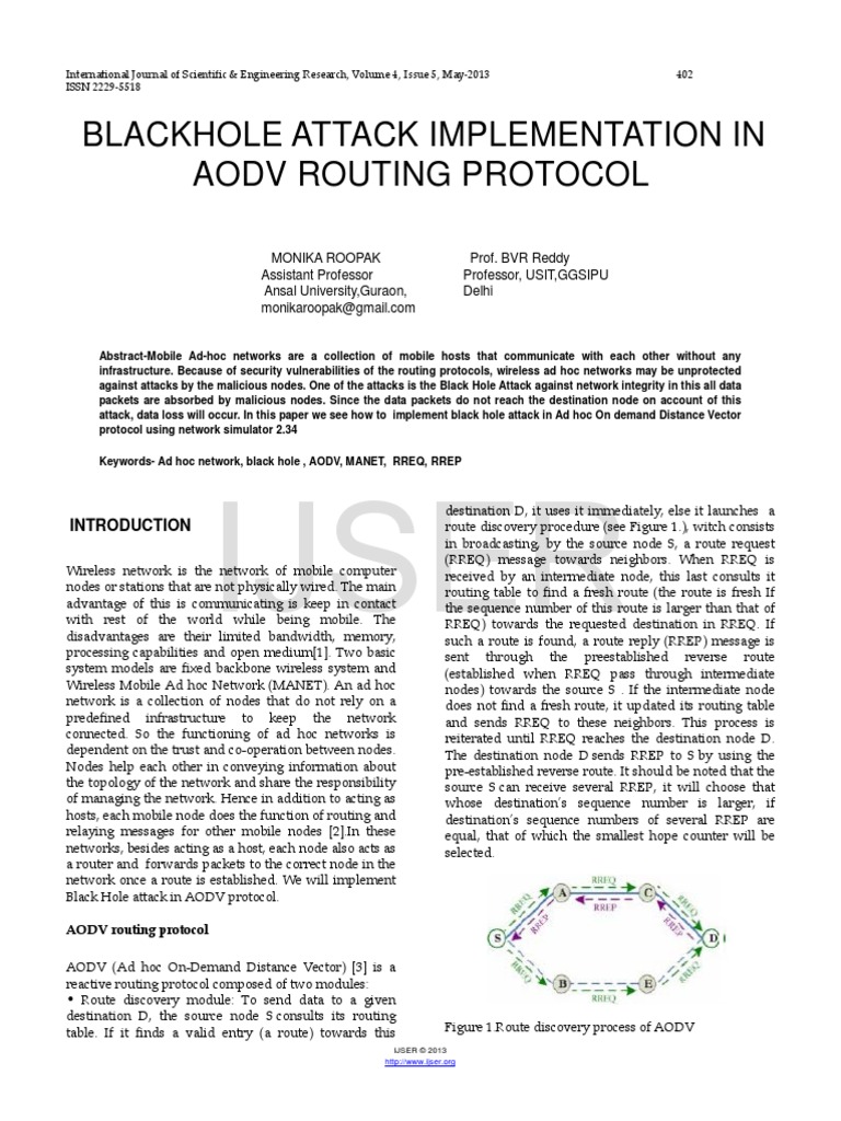 Blackhole Attack Implementation in Aodv Routing Protocol | PDF | Wireless Ad Hoc Network | Routing
