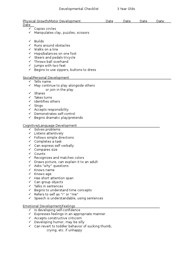 Developmental Checklist-3 Year Olds 1 | PDF