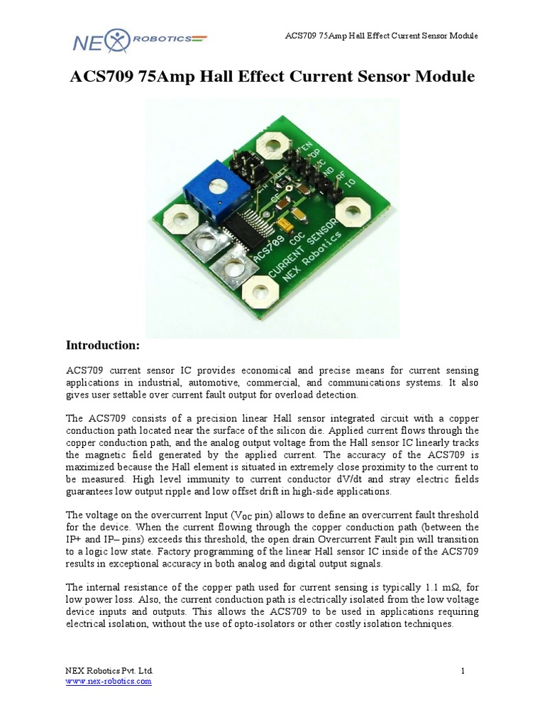ACS709 75A Current Sensor Module | PDF | Electric Current | Sensor