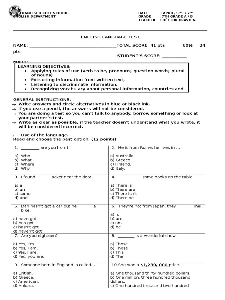 7th Grade Test 1 | PDF | Semiotics | Syntactic Relationships