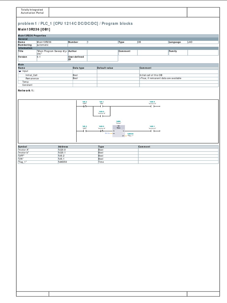 Problem1 / PLC - 1 (CPU 1214C DC/DC/DC) / Program Blocks: Main13R236 (OB1) | PDF