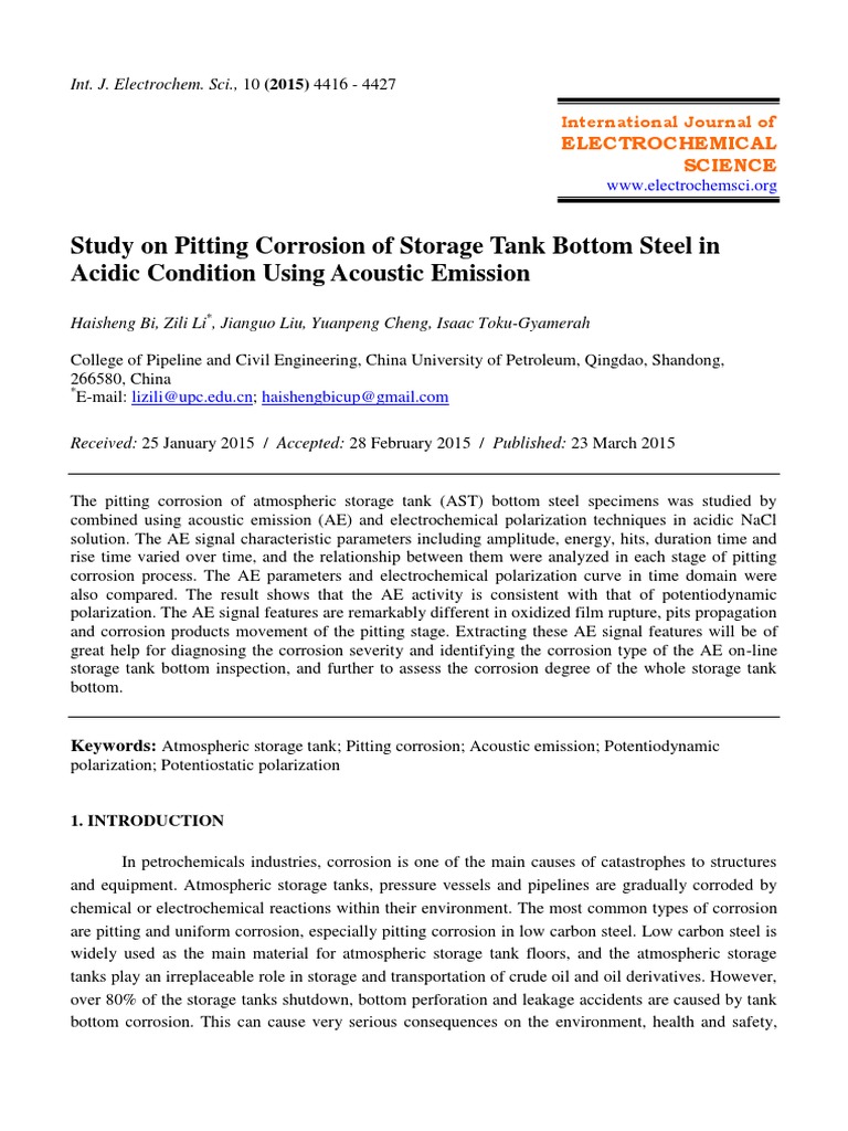 Study On Pitting Corrosion of Storage Tank Bottom Steel in Acidic ...