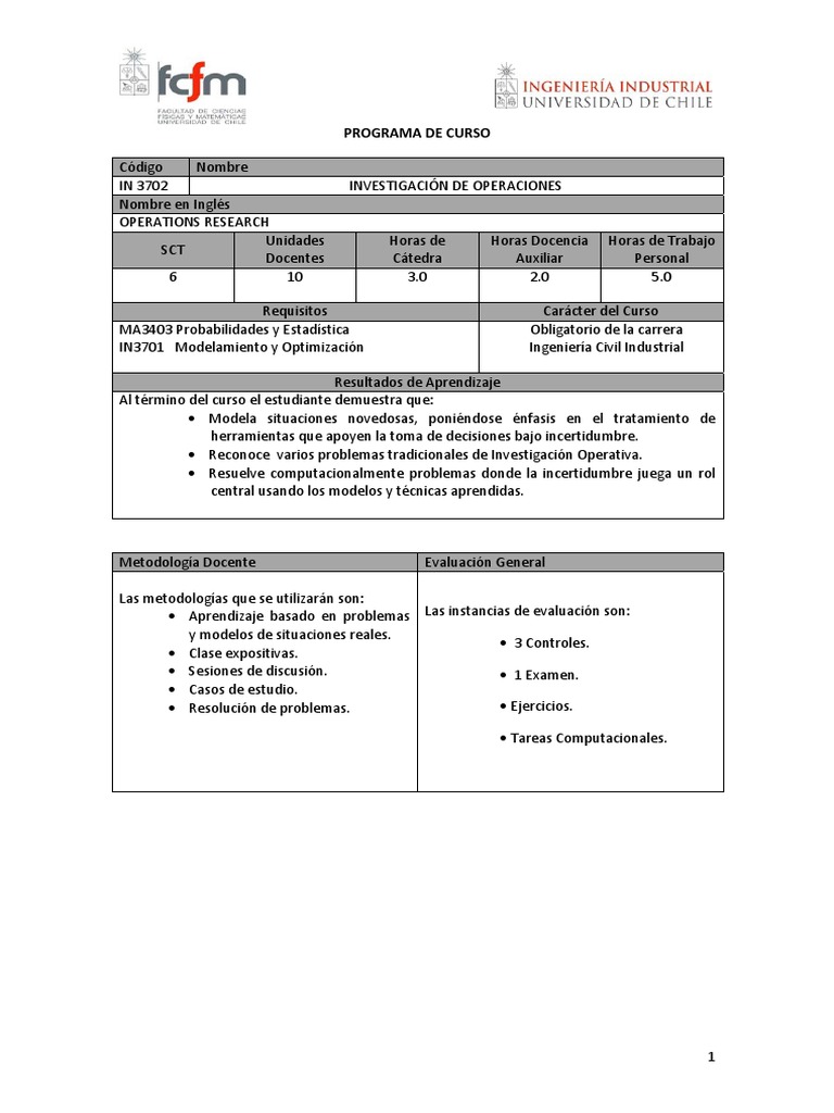 IN3702 Investigacion de Operaciones Ene 10 | PDF | Cadena Markov | La ...