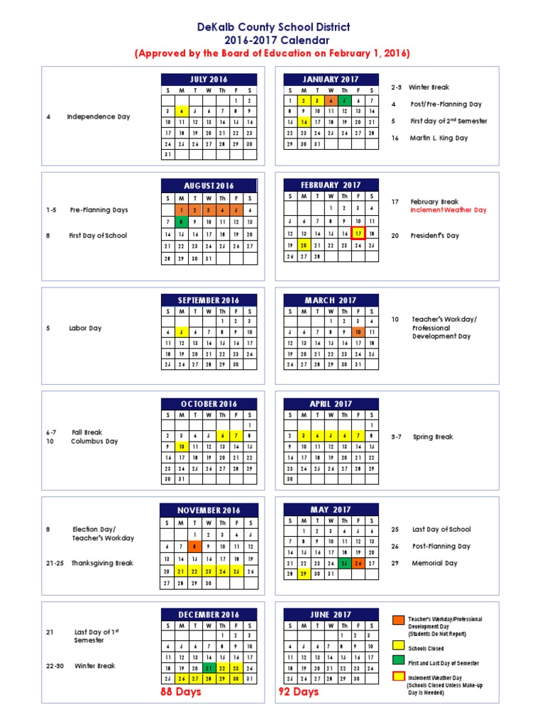 DeKalb - 2016 2017 School Calendar PDF | PDF | Educational Institutions ...