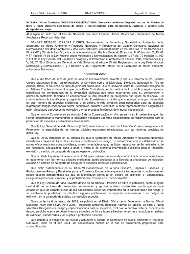 NOM-059-SEMARNAT-2010 - Especies Nativas de Mexico de Flora y Fauna. Especies en Riesgo PDF ...