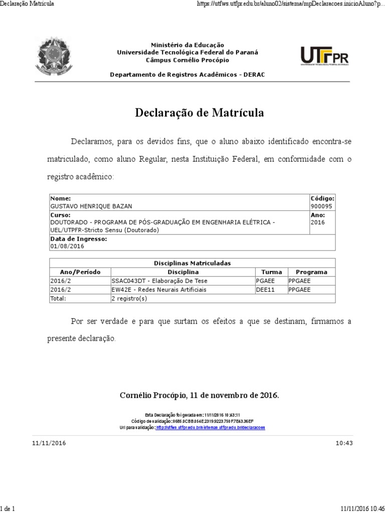 Declaracao Matricula Utfpr Download Grátis Pdf Ensino Superior