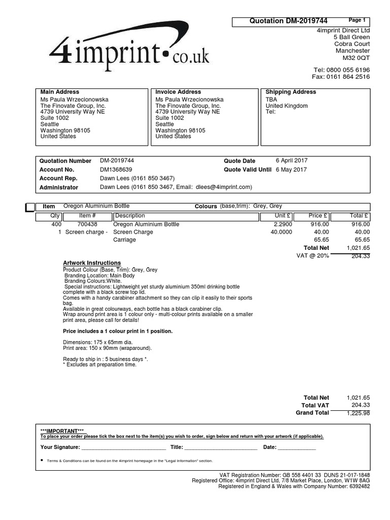 4imprint Water Bottle Quotation DM 2019744 | PDF | Business
