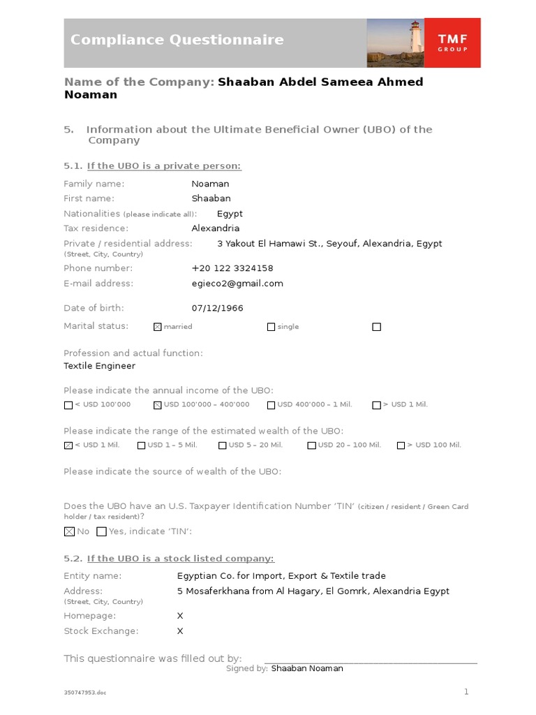 Compliance Questionnaire Additional UBO 07 - 2014
