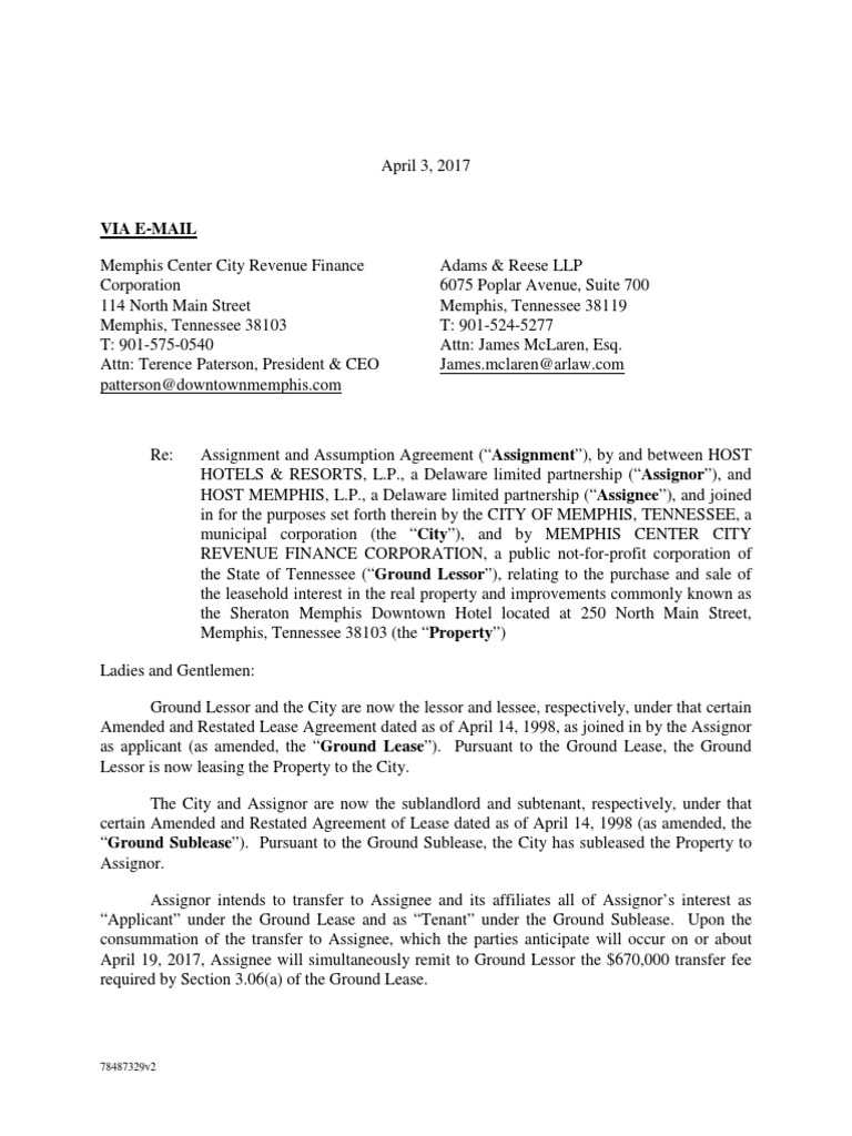 Memphis CCRFC Assignment of Sheraton Lease Request Letter 040317 1 ...