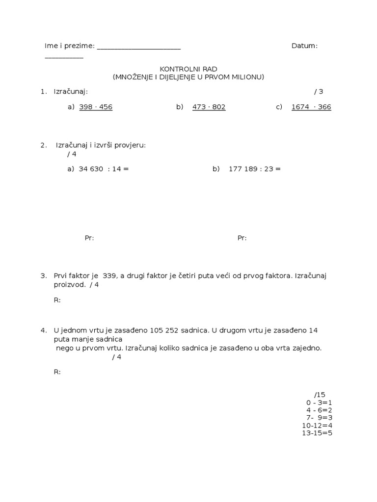 Test Matematika Mnozenje I Dijeljenje U Prvom Milionu1 | PDF
