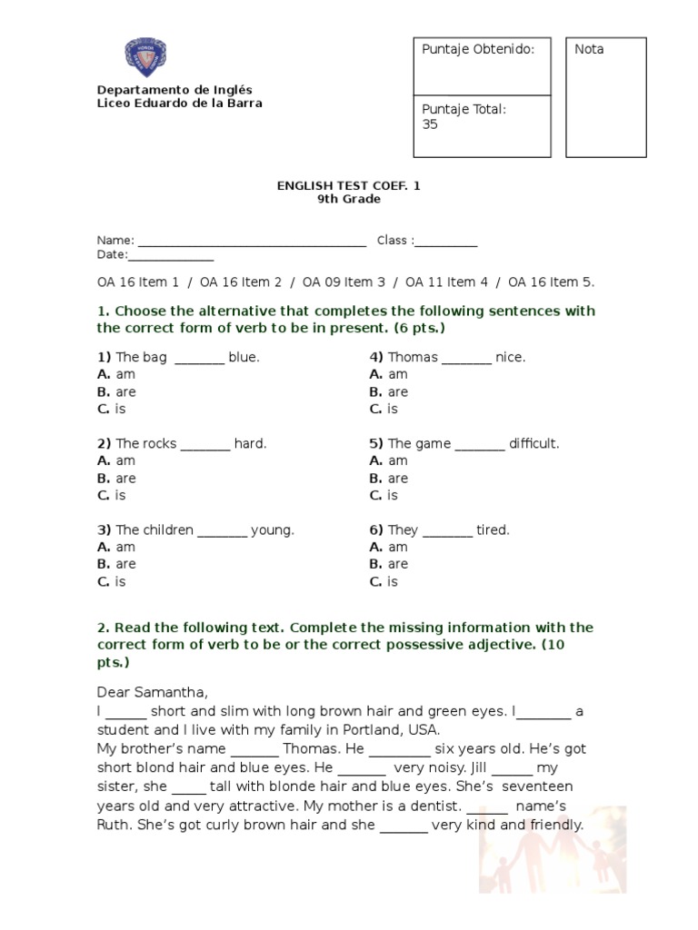 English Test Verb To Be | PDF