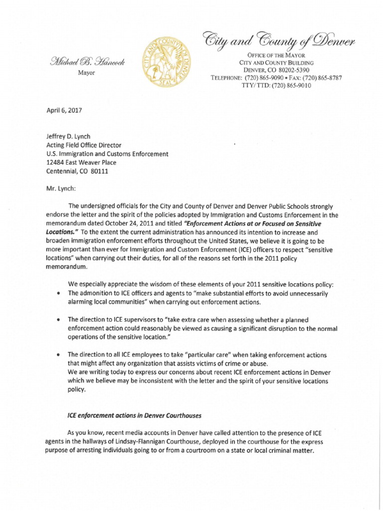 Denver Letter To Immigration and Customs Enforcement | PDF