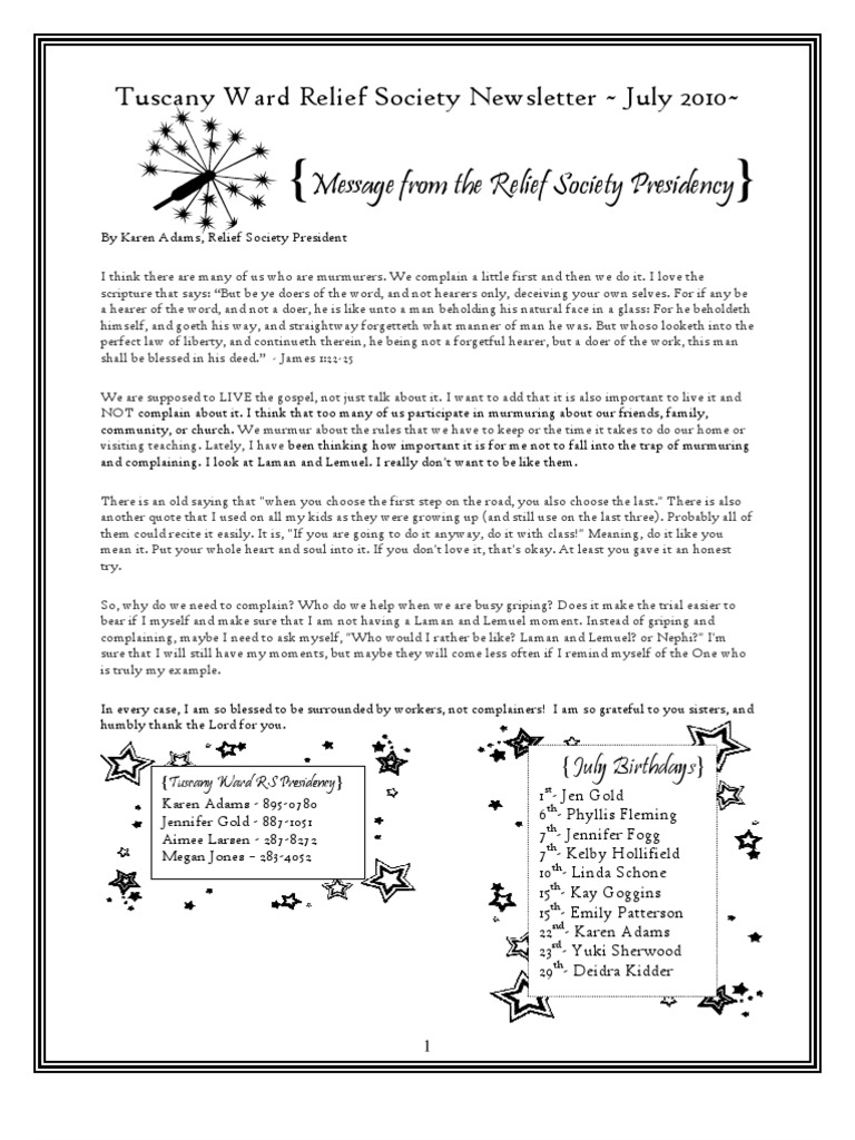Tuscany Ward RS Newsletter - July 2010 | PDF | Religious Behaviour And ...