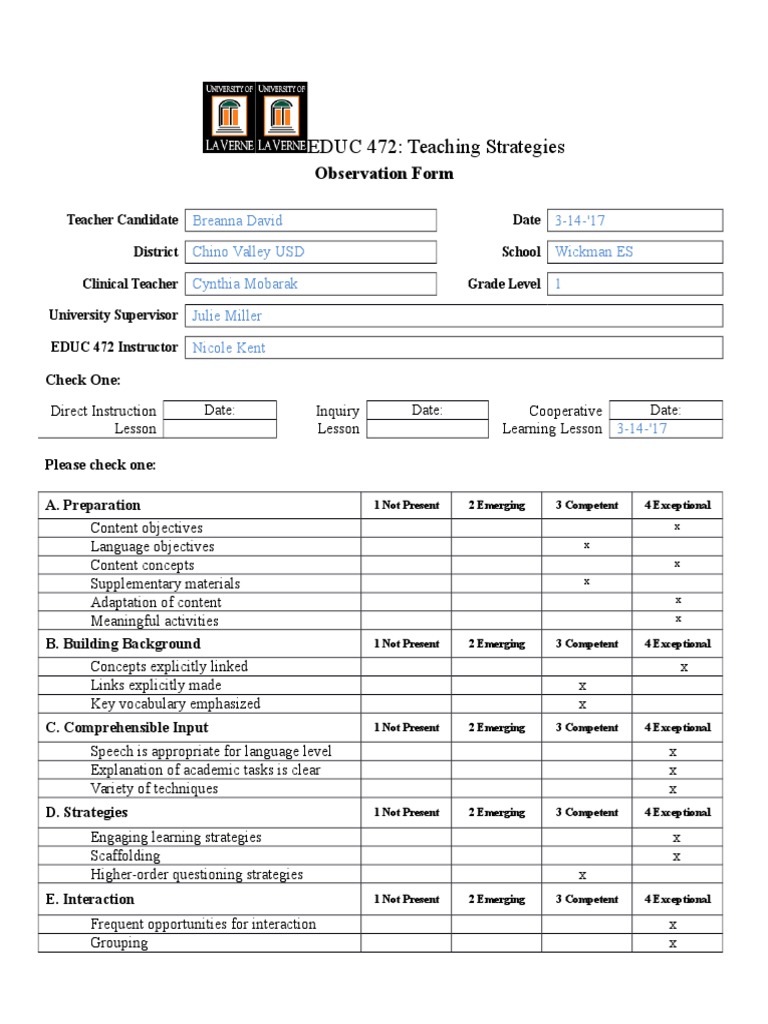 Teaching Strategies Observation Form | PDF | Sharing | Educational ...